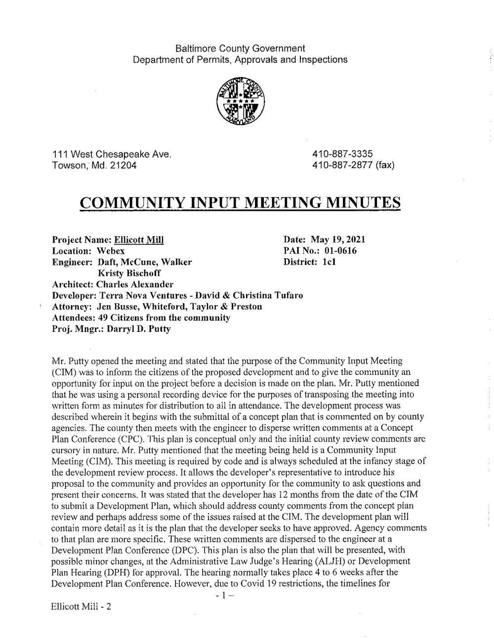 1st Community Input Meeting Minutes for the Ellicott Mill Project